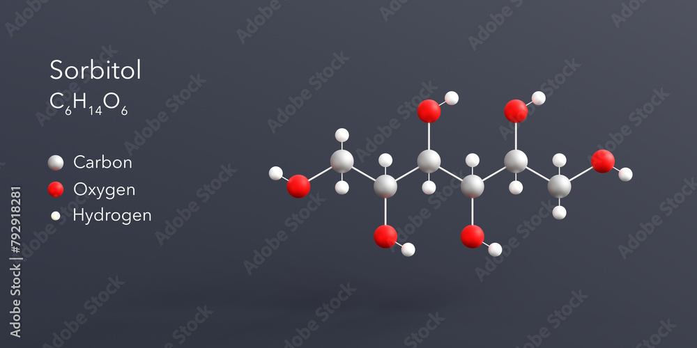 sorbitol molecule 3d rendering, flat molecular structure with chemical ...