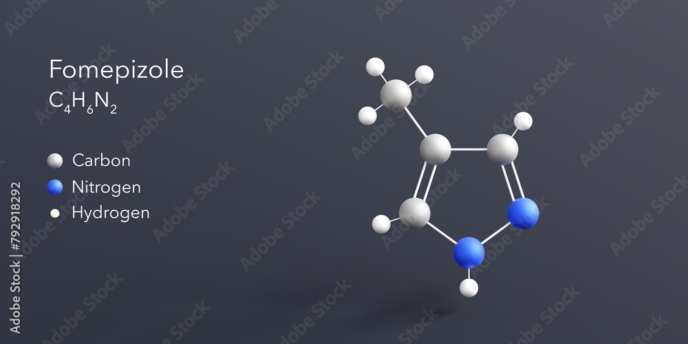 fomepizole molecule 3d rendering, flat molecular structure with ...