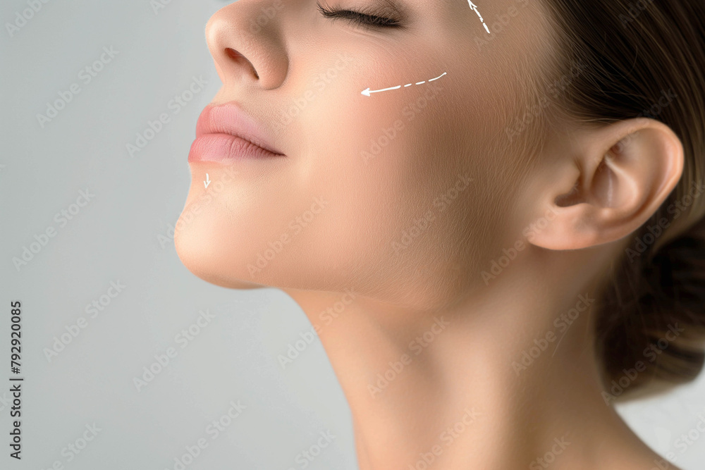 Lifting lines are drawn on a woman's face and neck, demonstrating the ...