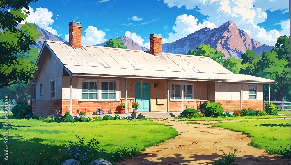 ranch style house in landscape anime cartoon illustration from ...