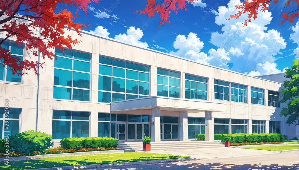 school building in summer spring in landscape anime cartoon ...