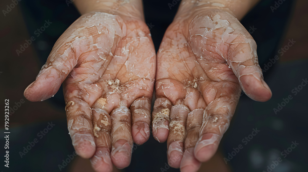 Dry hands peeling skin on hand and fingers. air allergy, chemical ...