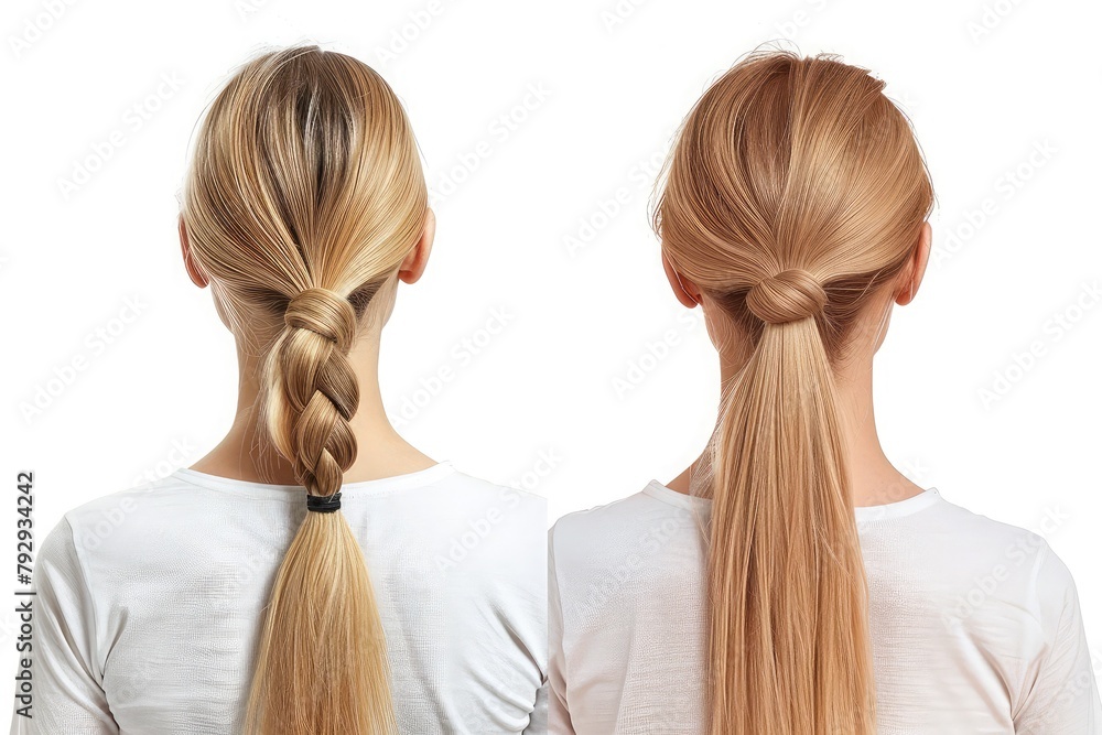 Closeup before after loose hair, pony tail back view isolated on white ...