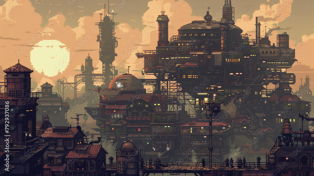 2d pixel art of steampunk city, cityscape, distopia, game art Stock ...