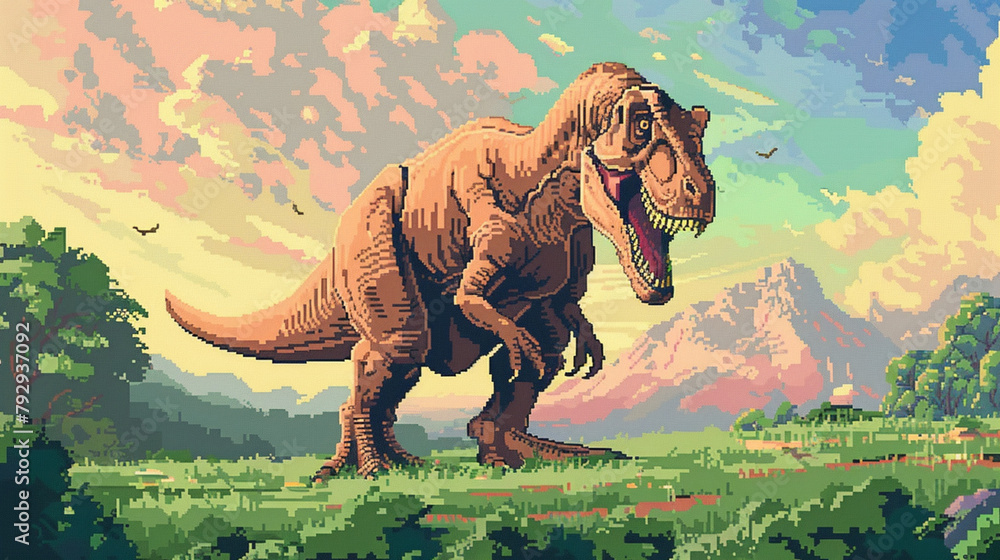2d pixel art of T-rex, dinosaur, jurrasic era, game art, 16 bit, 32 bit ...