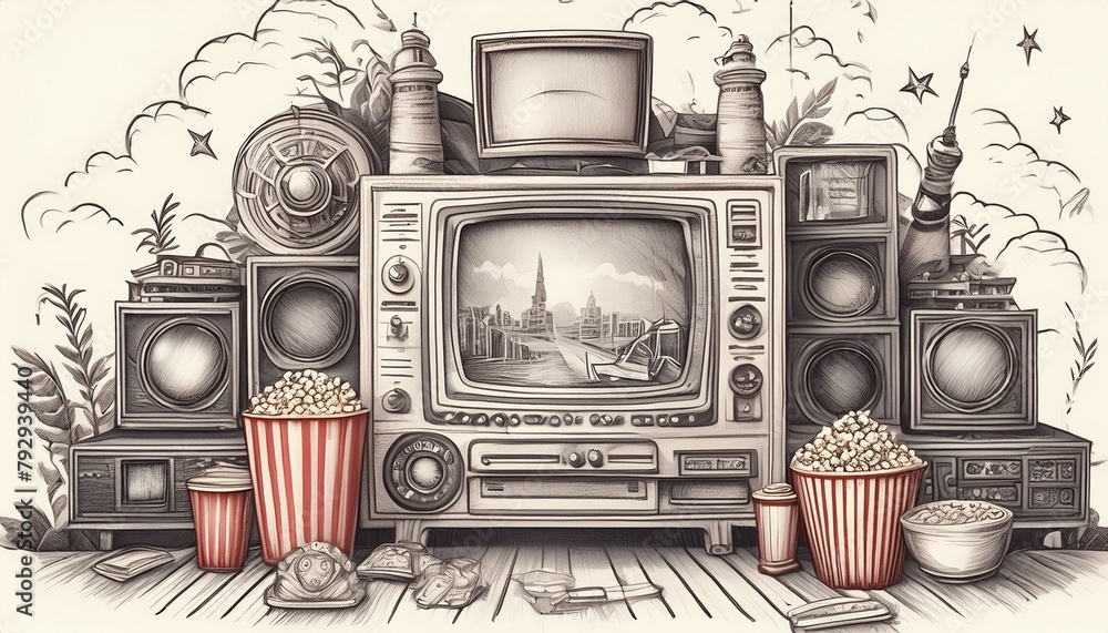 Cinema set. Movie, film, video, television concept. Hand drawn TV ...