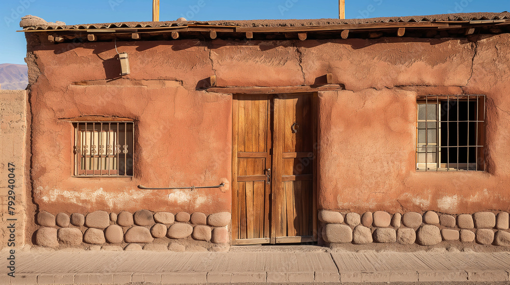 Close-up of a traditional adobe house in the Atacama Desert, showcasing ...