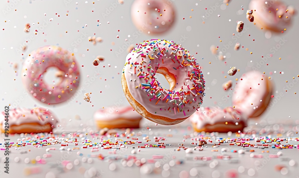 Collection of round donut doughnut, Colourful set, flying falling with ...