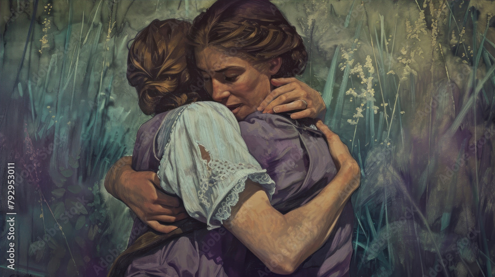 Two women in love hug in a field. Illustration in oil painting style ...