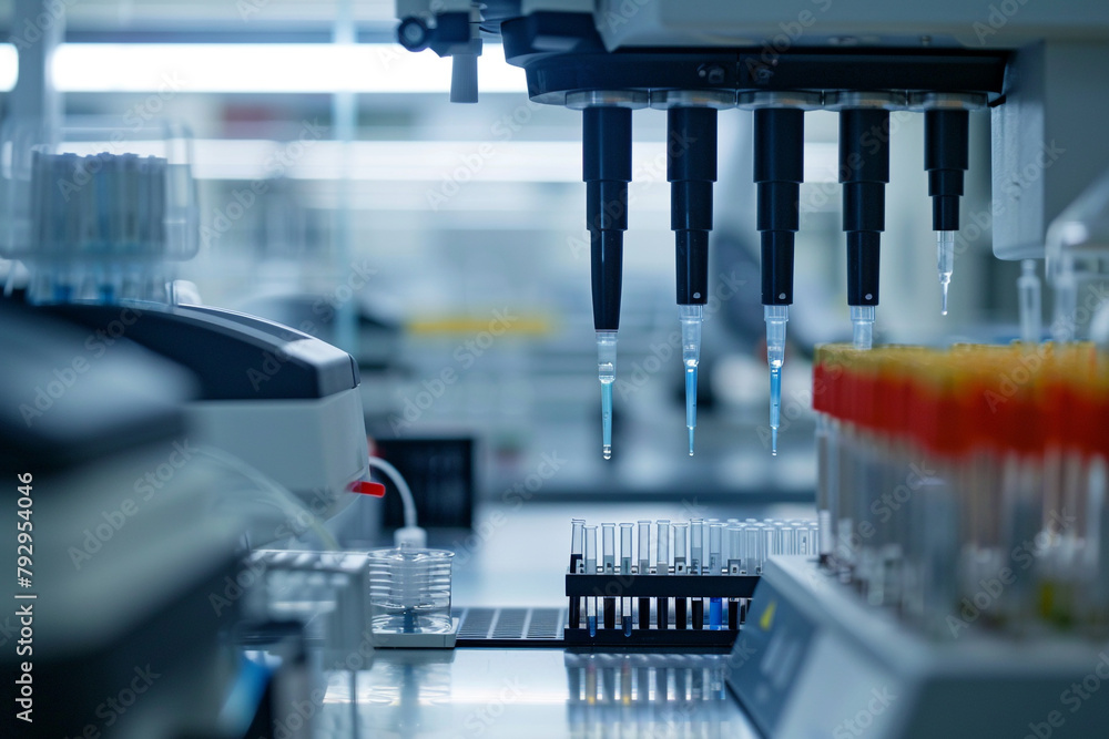 Detailed view of a laboratory performing high-throughput drug screening using robotic systems ...