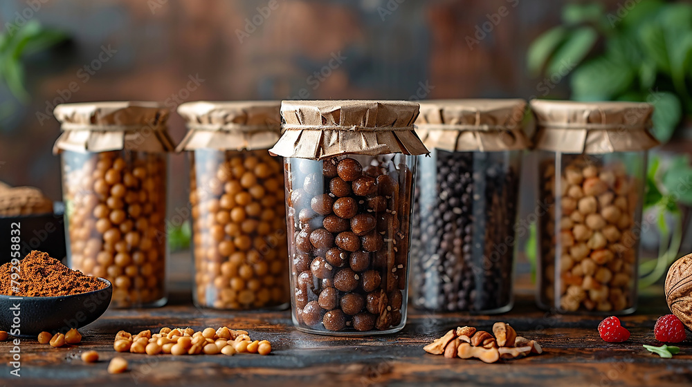 A food packaging mockup set of brown nut jars in order with brown paper ...