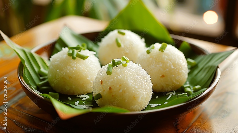 Modern KhanomTom sweet sticky rice balls , Thai dessert. Generative ai ...