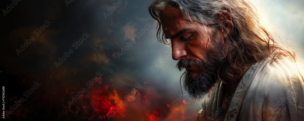 Jesus Christ in meditation, with a backdrop of fiery elements ...