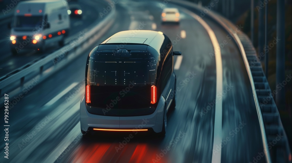 Aerial Drone following a futuristic 3D concept car. An autonomous self ...