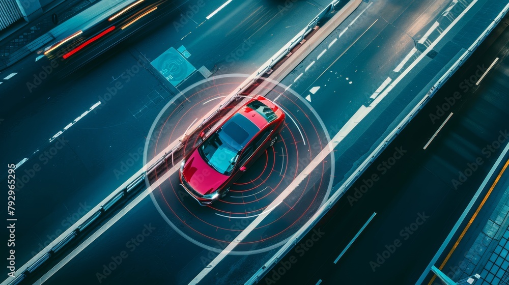This Aerial Top Down Drone View shows an autonomous self-driving car ...