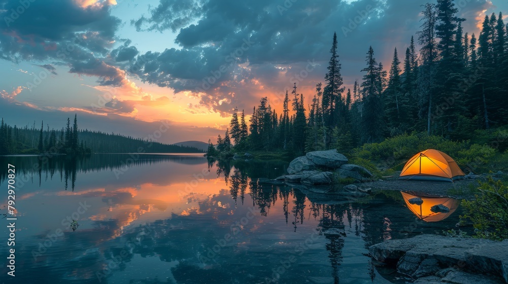 An illuminated tent glows warmly by a tranquil lakeside surrounded by ...