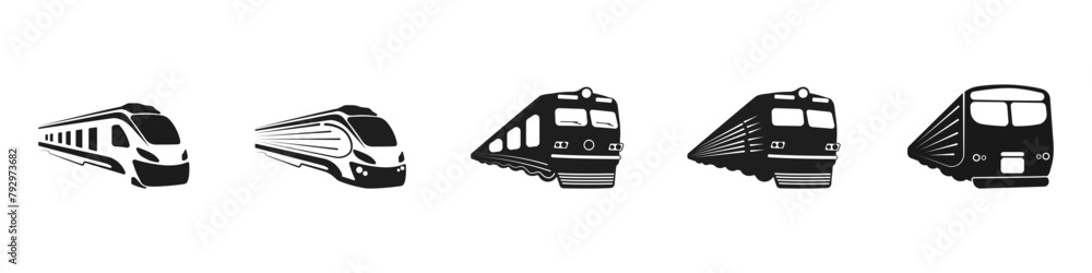 Black trains vector icons set. Collection of train logos. Railway ...