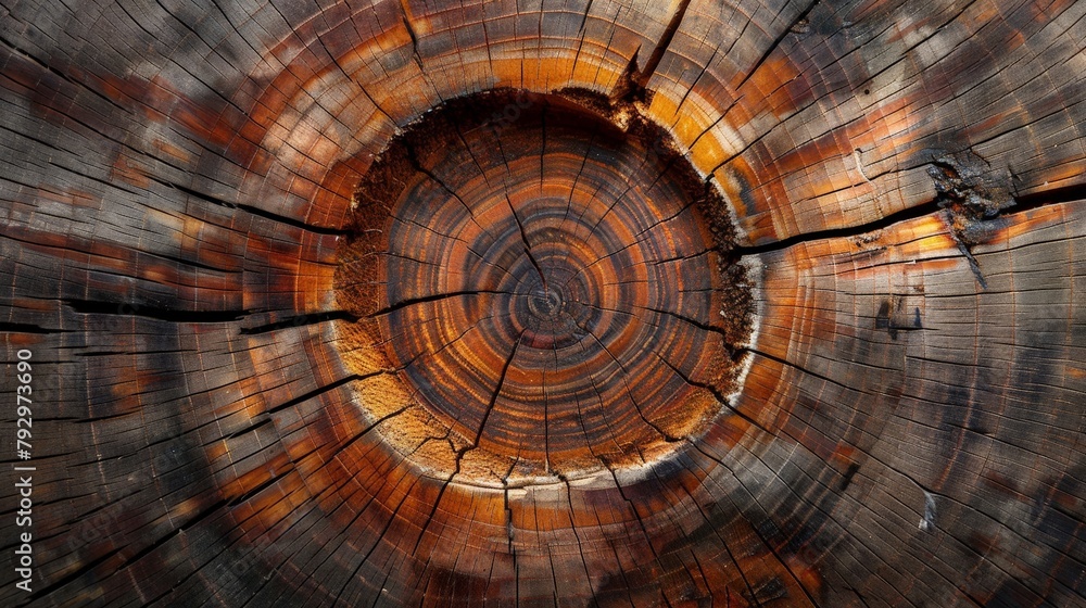 The cross-section of a tree stump vividly displays the annual growth ...