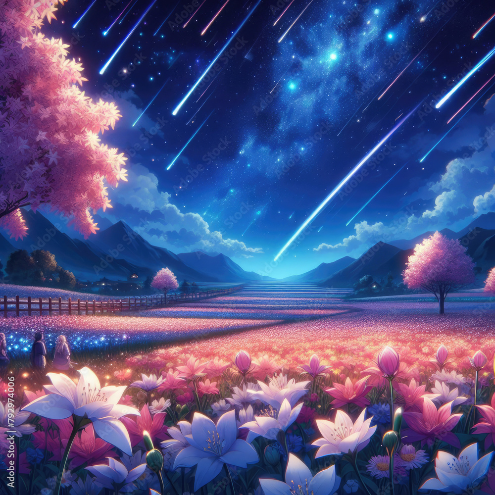 Generative AI, the sight of a meteor shower on a beautiful night with a ...