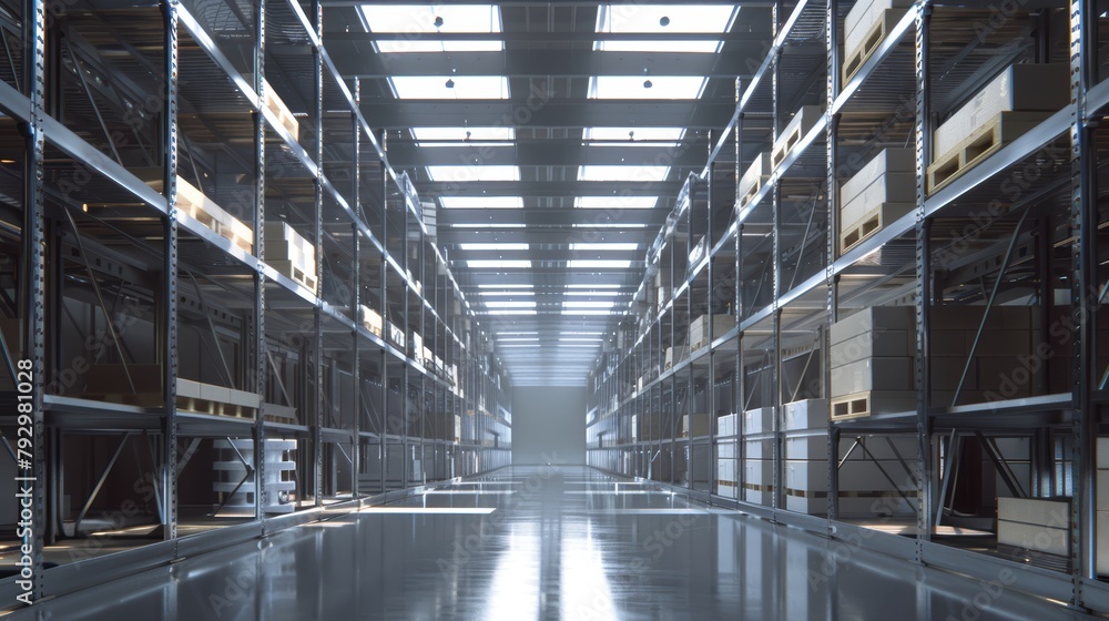 Linear arrangement of steel pallet racks in a warehouse, each shelf ...