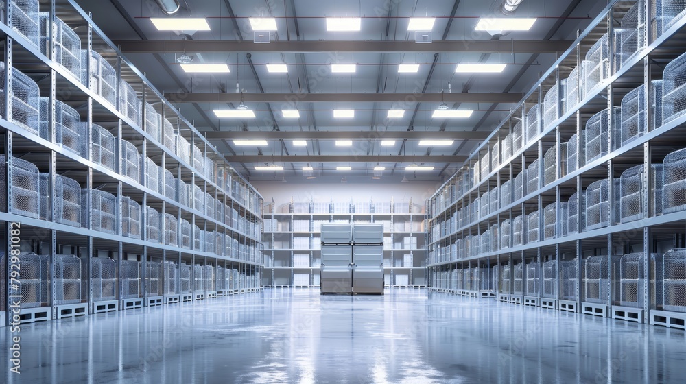 Neat rows of metallic pallet racks bearing the weight of large crates ...