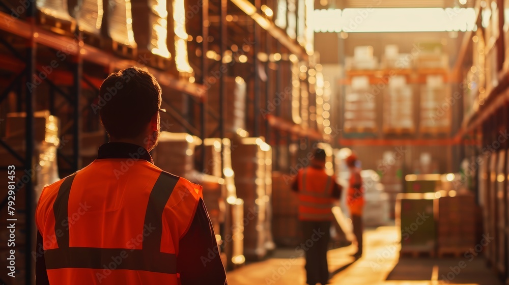 Workers clad in high-visibility vests focus on scanning items ...