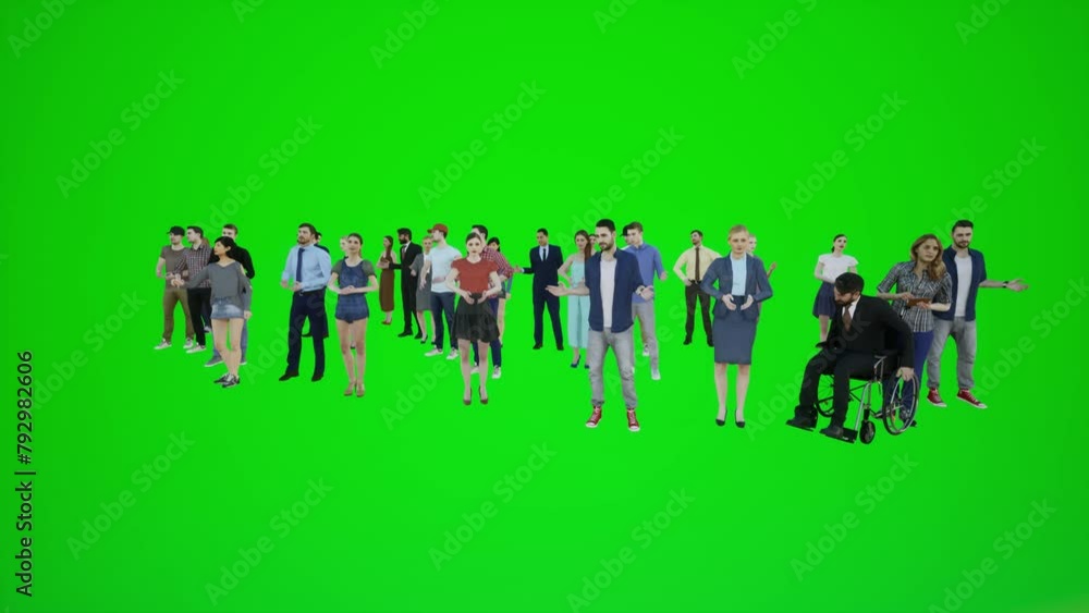 3D animation of the front view of people's protests in a standing ...