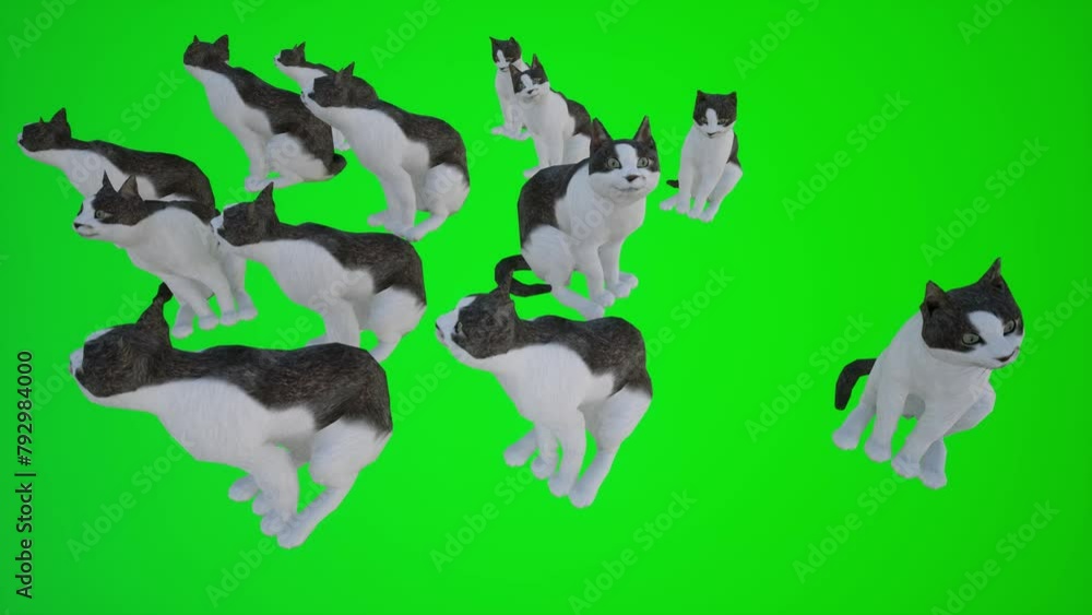 3D animation of a gathering of black and white cats from three side ...