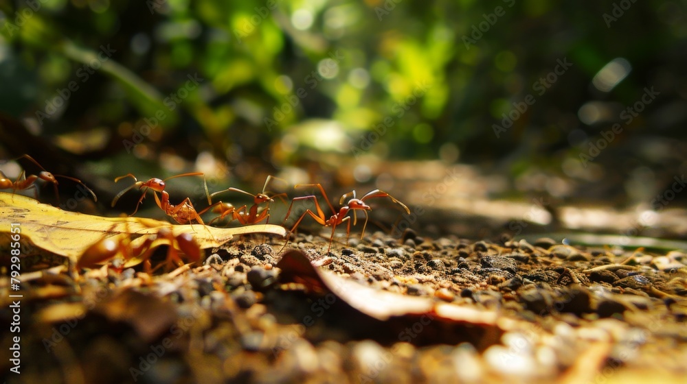 Ants marching in a line along a leafy trail, carrying food back to ...