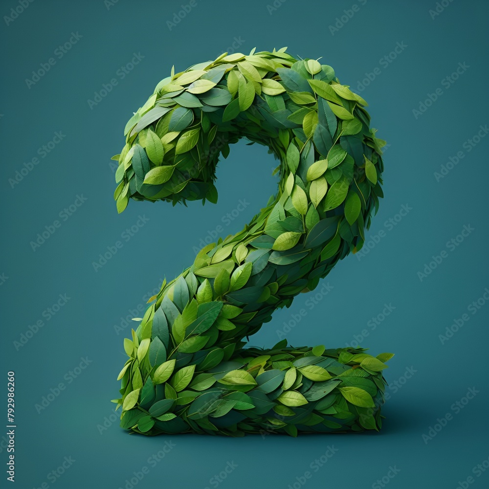the number 2 made out of leaves green, on teal background ...