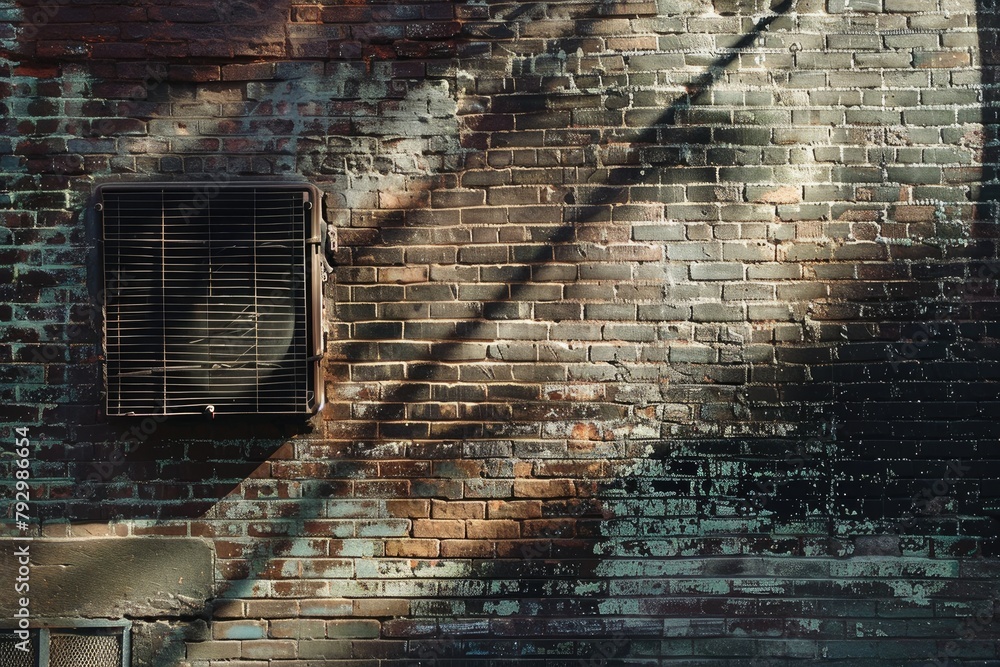 Soft morning light casts a gentle glow on the rugged surface of a brick ...