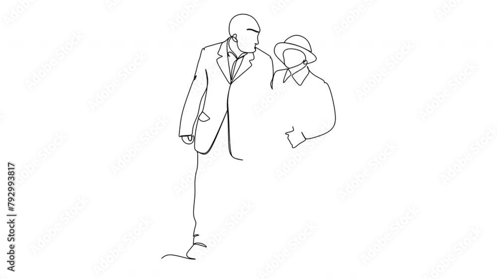 Elderly couple in continuous line art drawing style. Senior man and ...
