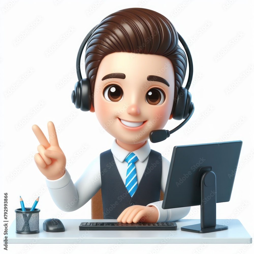 Happy smiling 3D cartoon office man call center character on white ...