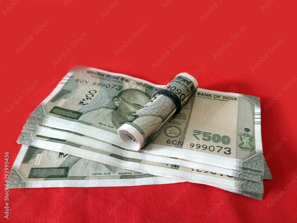 New 500 Rupees Indian Currency banknote photography on red background ...