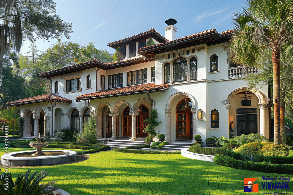 An exquisite two-story Spanish-style mansion with arched windows, white ...