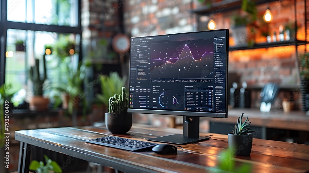 Visualize a PC monitor in a creative studio setting, displaying a ...