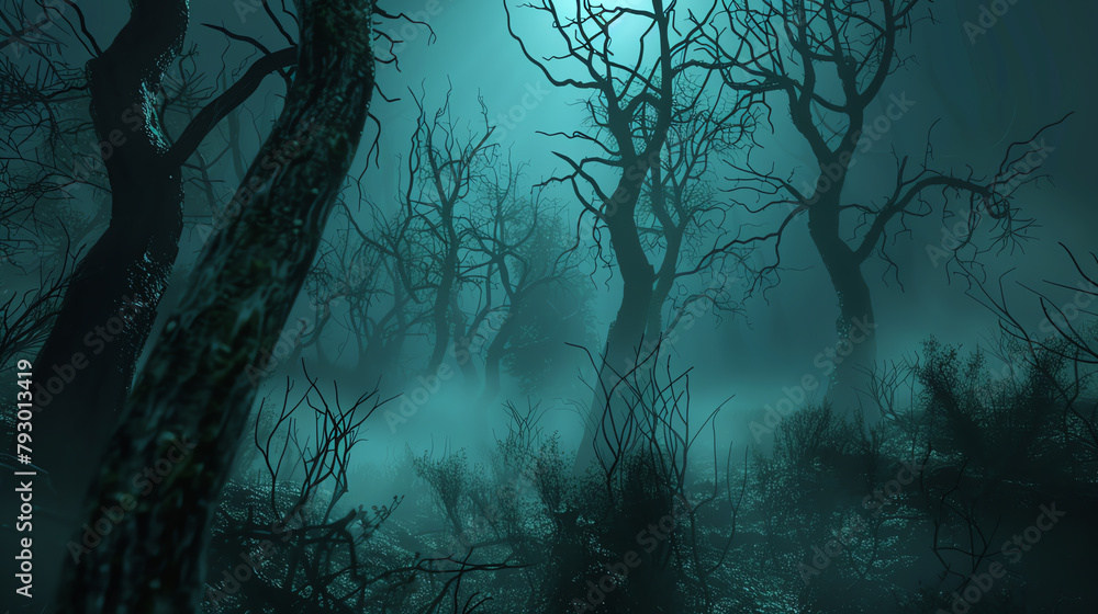 Sinister 3D animated scene of a haunted forest at night, with twisted ...