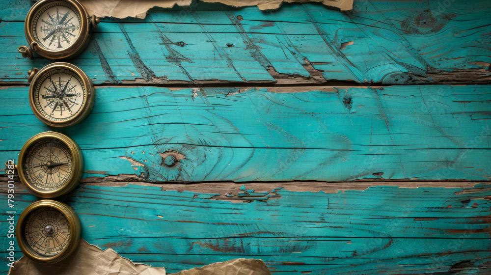 A blue background with four old fashioned looking compasses on it. The ...