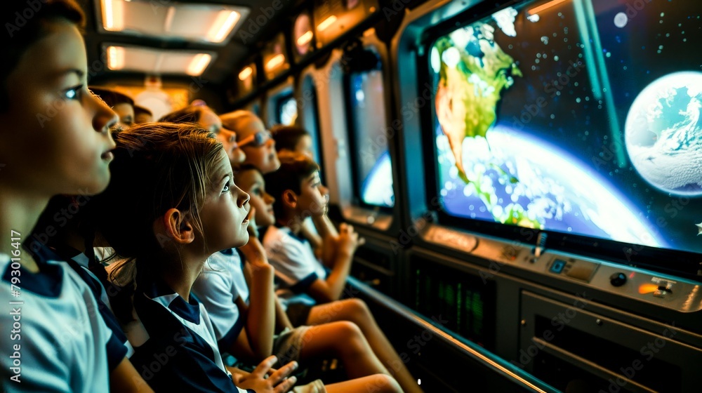 Children attending a school within a space habitat, learning about both ...