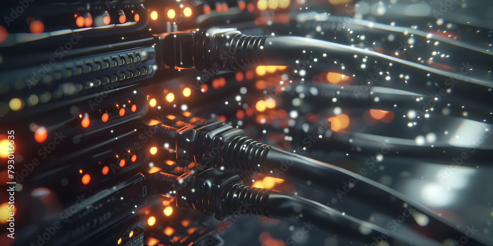 Close up of cables connected to a server center , Information ...