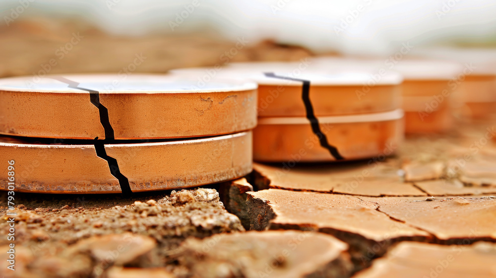 A pile of broken coins on a rocky surface. The coins are cracked and ...