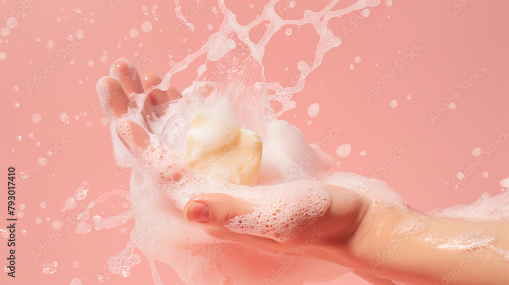 Effervescent Joy of Handwashing, Playful splash and soap suds on hands ...