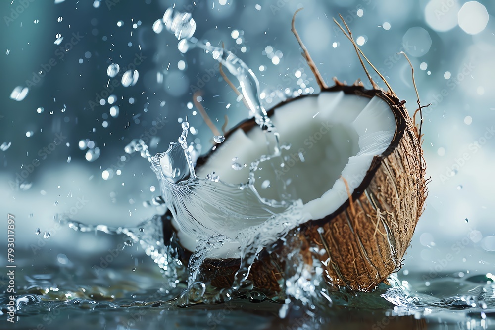 Coconut water, natures own sports drink, drips from a freshly cracked ...