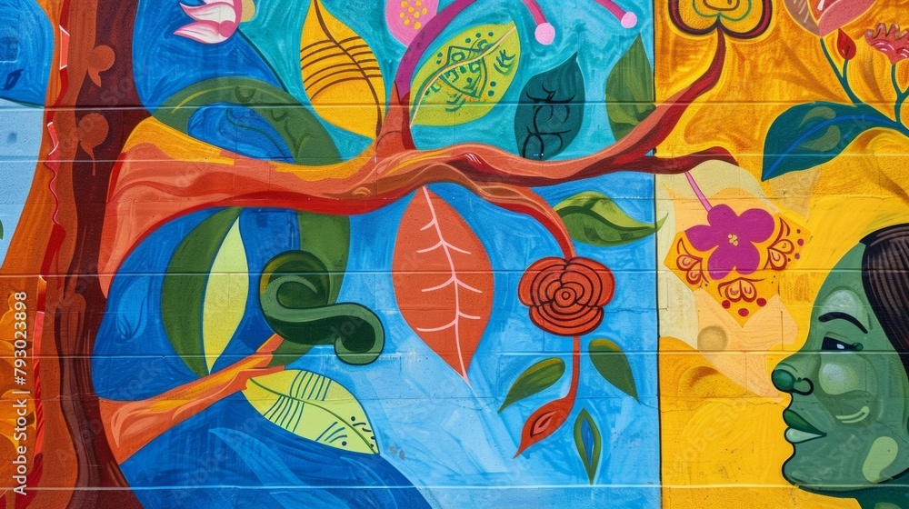 Closeup of a mural painted by local artists depicting the importance of ...