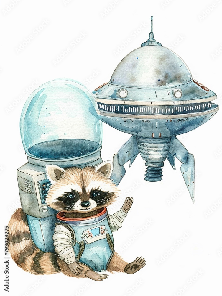 Watercolor clipart of a curious raccoon astronaut floating next to a ...