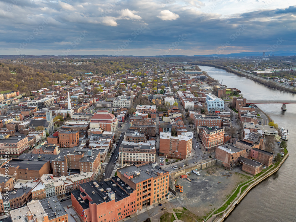 Late afternoon spring aerial view of downtown Troy, NY located on the ...