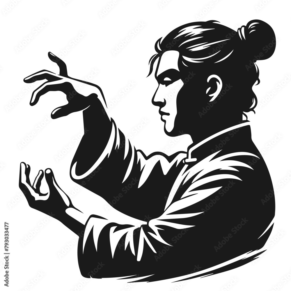 Unique chinese man performing cultural 冥想 vector silhouette isolated on ...
