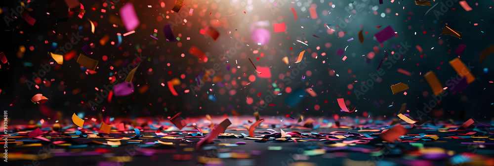 a dark limbo background with a few colorful confetti falling from above ...