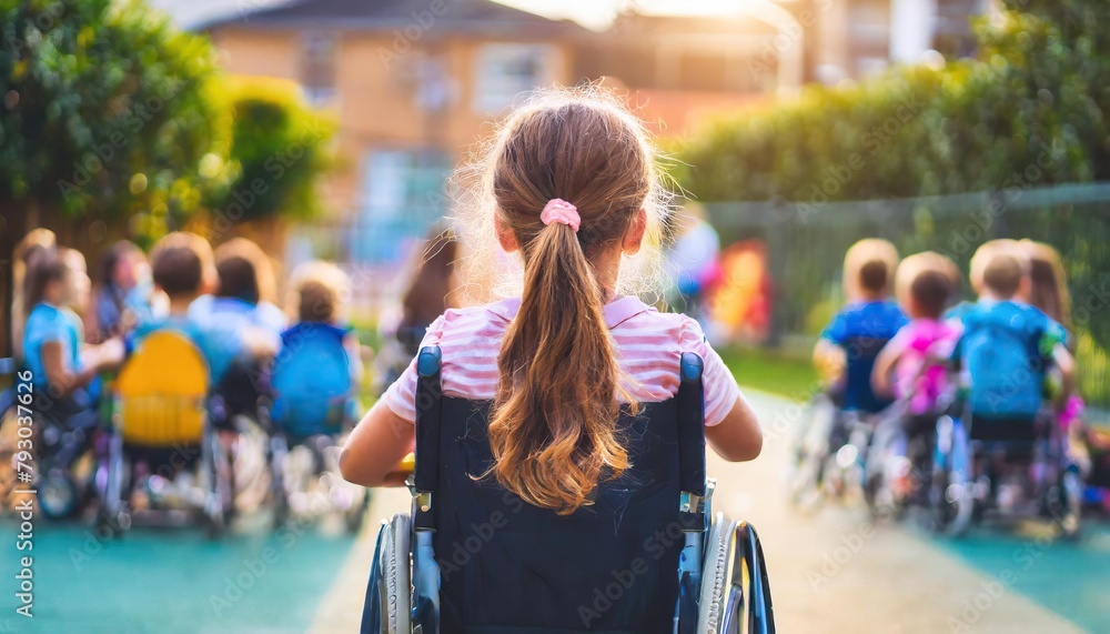 back view young girl in a wheelchair looking longingly at children ...