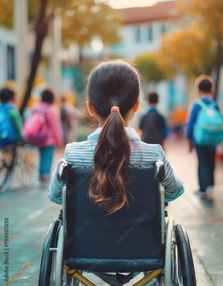 back view young girl in a wheelchair looking longingly at children ...